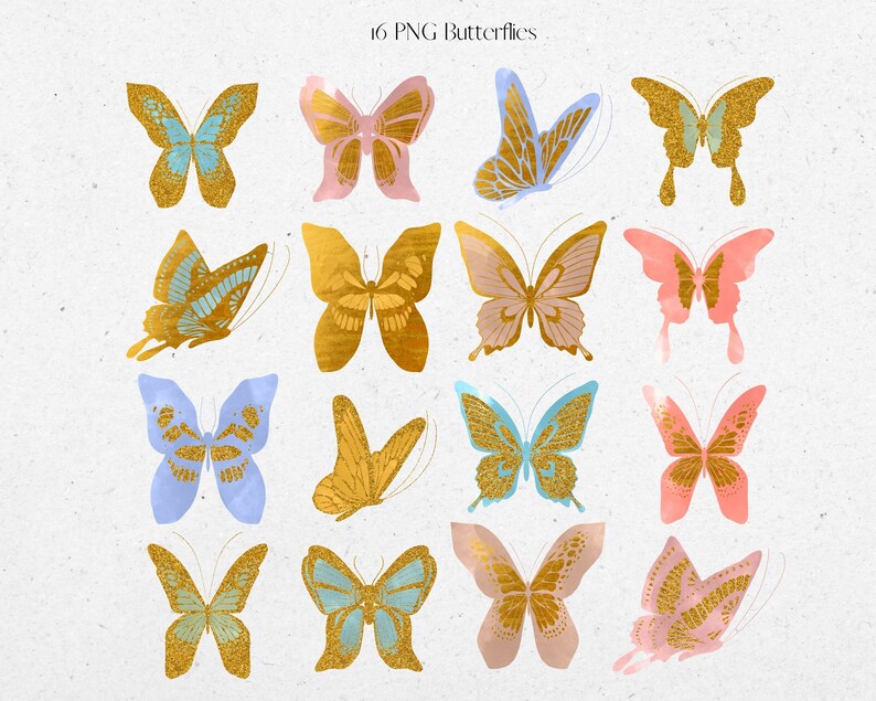 Colourful Butterfly Clipart Gold Foil and Glitter | Etsy
