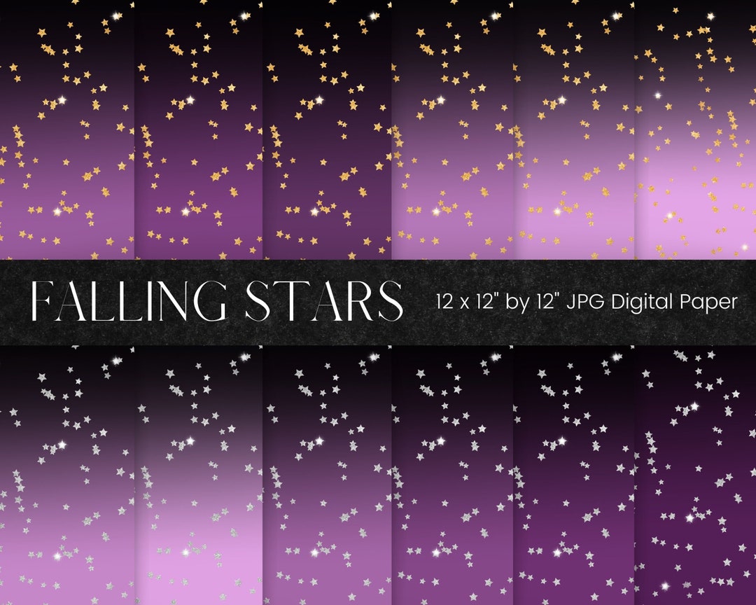 Falling Star Digital Paper, Gold Glitter Star Pattern, Purple Black ...