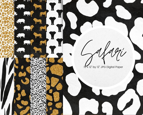 15 Gold Glitter Black and White Safari Digital Paper Animal | Etsy