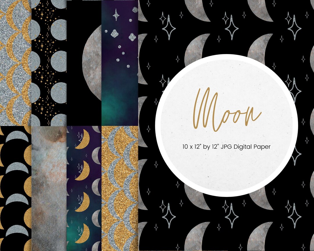 Moon, Stars and Galaxy Digital Paper, Gold and Silver Glitter Moon ...