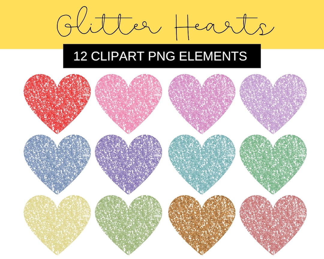 12 Glitter Heart Clipart PNG Files, Pink, Blue, Green, Gold Red Glitter ...