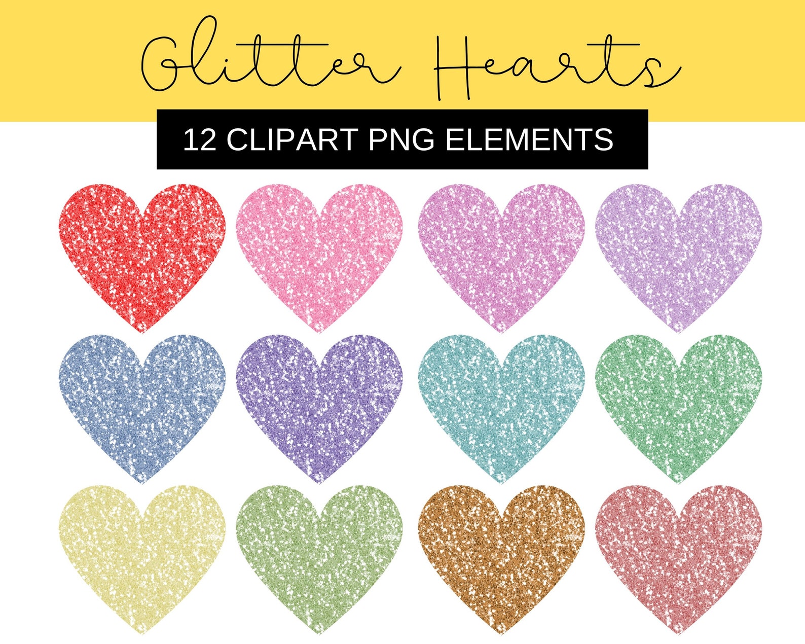 12 Glitter Heart Clipart PNG Files Pink Blue Green Gold | Etsy