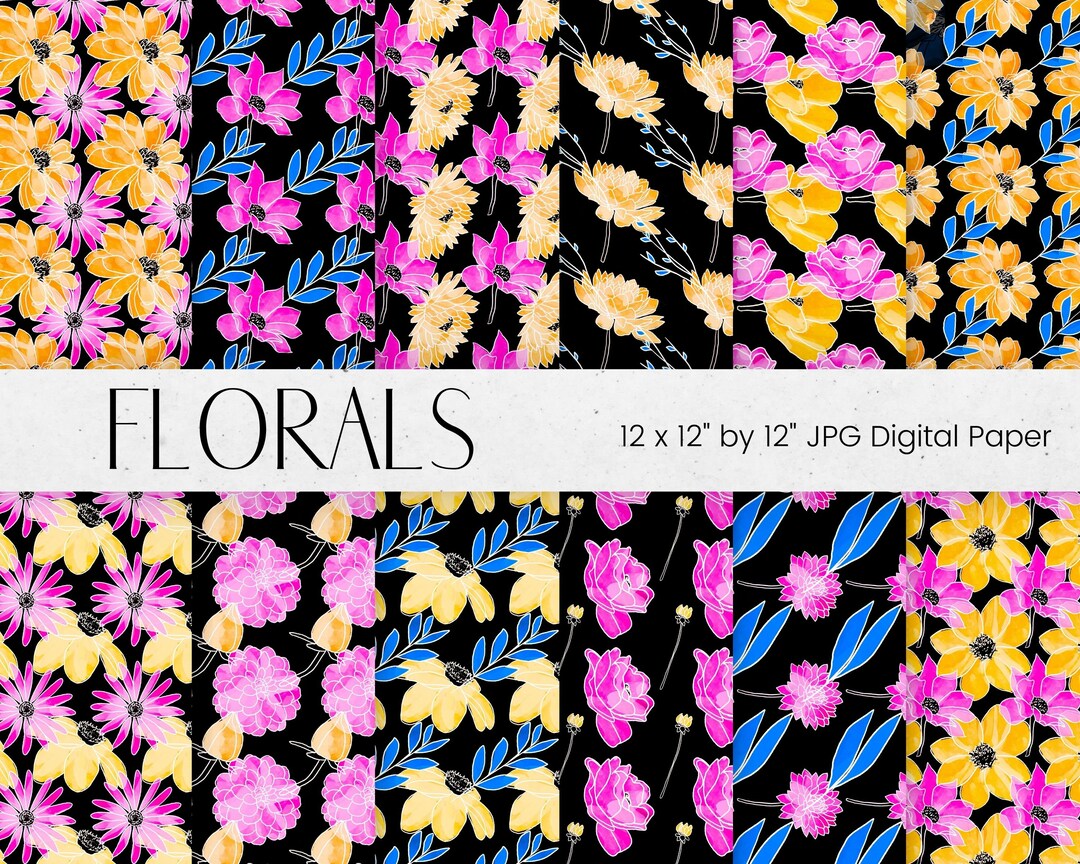 Watercolour Flower Pattern Digital Paper, Pink and Orange Floral ...