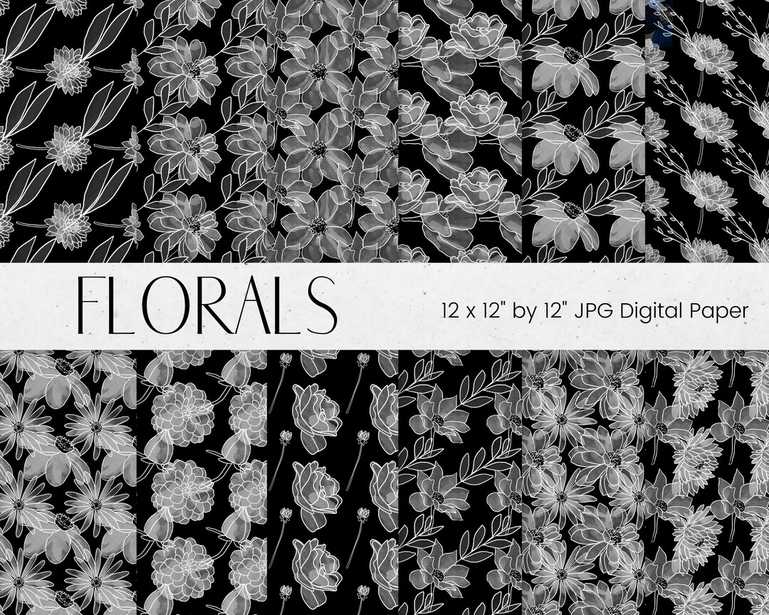 Watercolour Flower Pattern Digital Paper, Black and Grey Floral ...