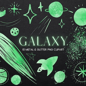Green Galaxy Clipart, Sparking Green Glitter Planets Moons Stars ...