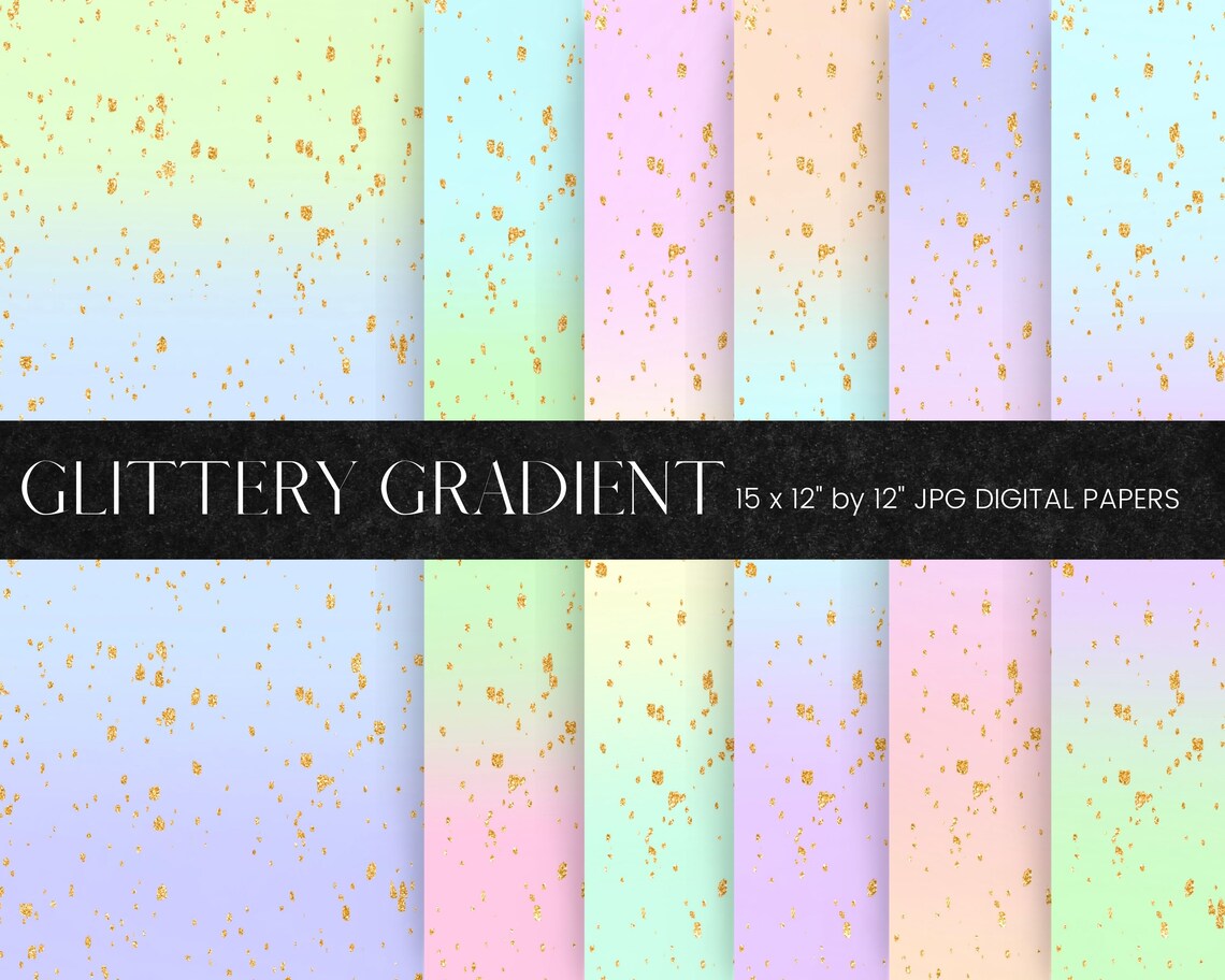 Glitter Gradient Digital Paper, Rainbow Ombre Digital Pattern, Gold ...