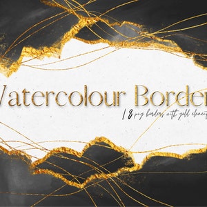 18 Gold and Black Watercolour Border Clipart, Gold Brushstrokes Borders ...