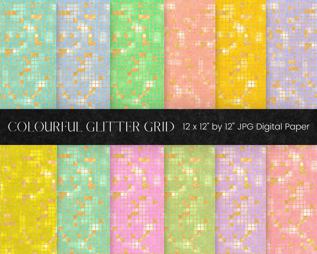 Colourful Gold Glitter Grid Digital Paper, Pink Blue Green Digital ...