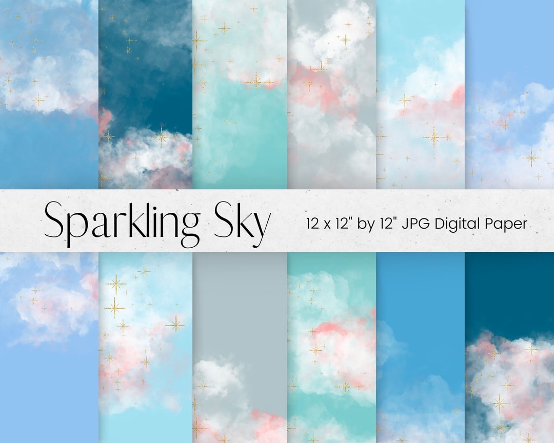 Blue Sky and Clouds Digital Paper Pattern, Sparkling Gold Stars ...