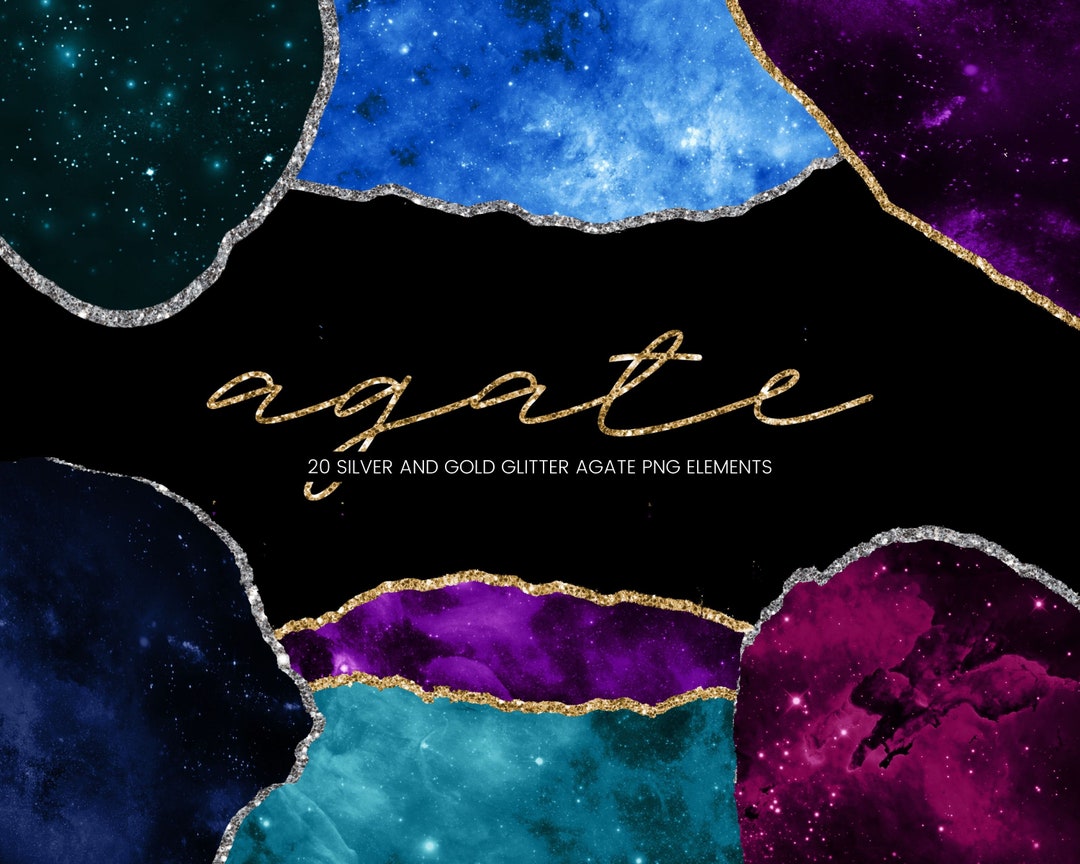 20 Agate Clipart Elements, Galaxy Celestial Gold and Silver Glitter ...