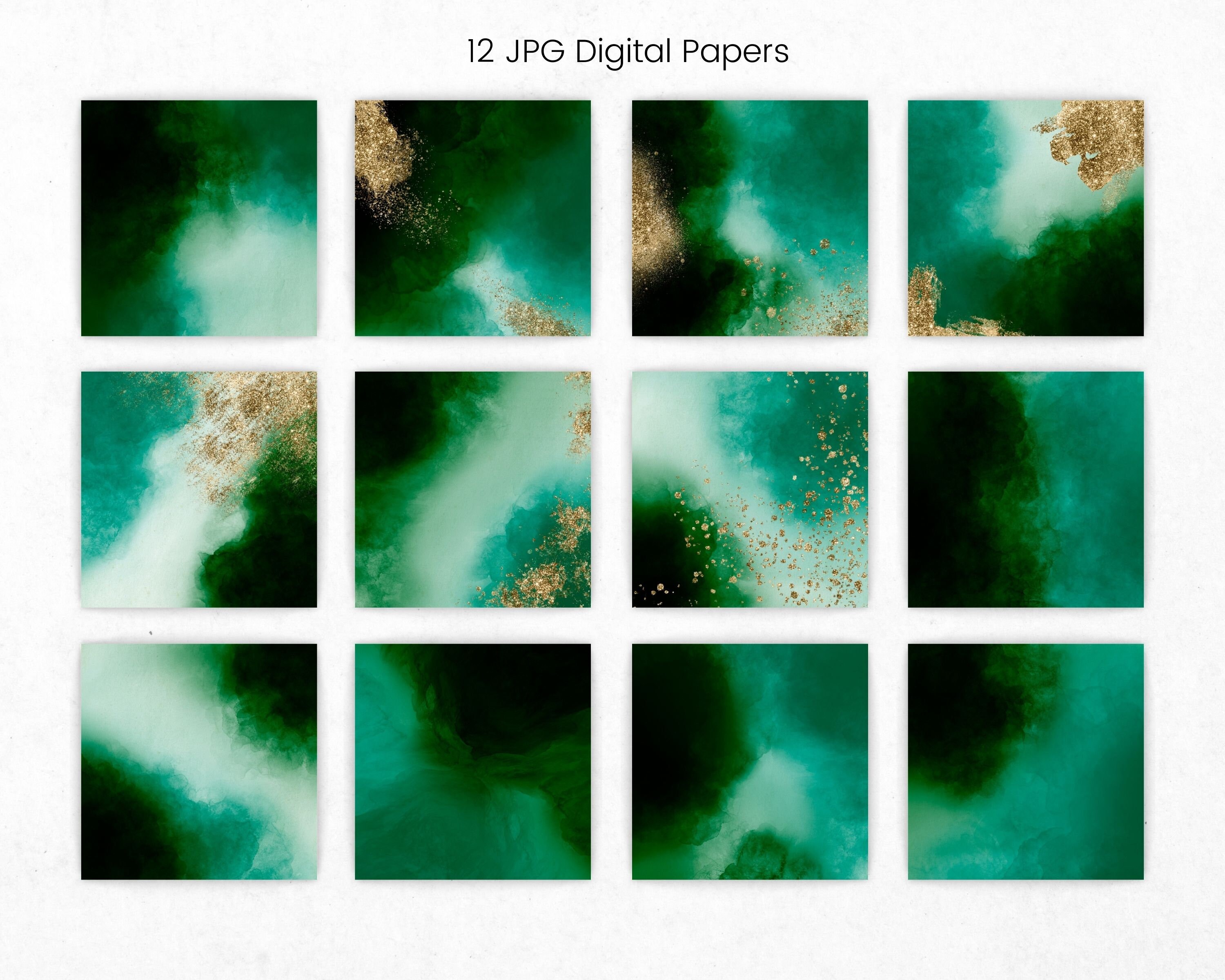 Gold Glitter and Green Watercolour Pattern Digital Paper, Glitter ...