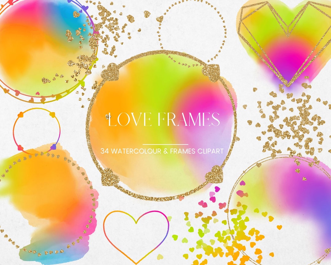 Heart Watercolour and Gold Frames Clipart, Rainbow Gold Glitter Frames ...