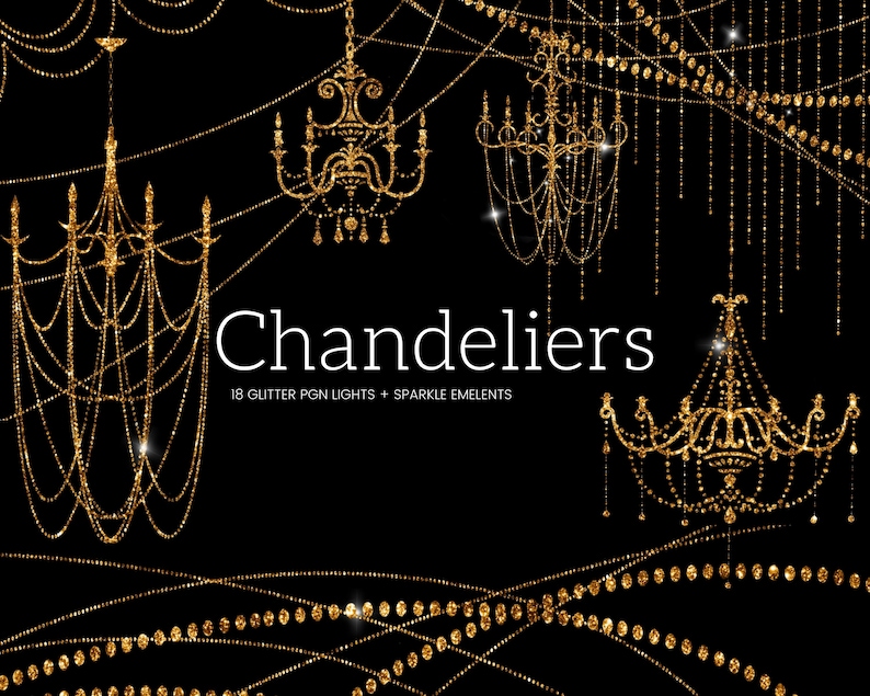Gold Glitter Chandelier and String Lights Clipart, Hanging Chandelier ...