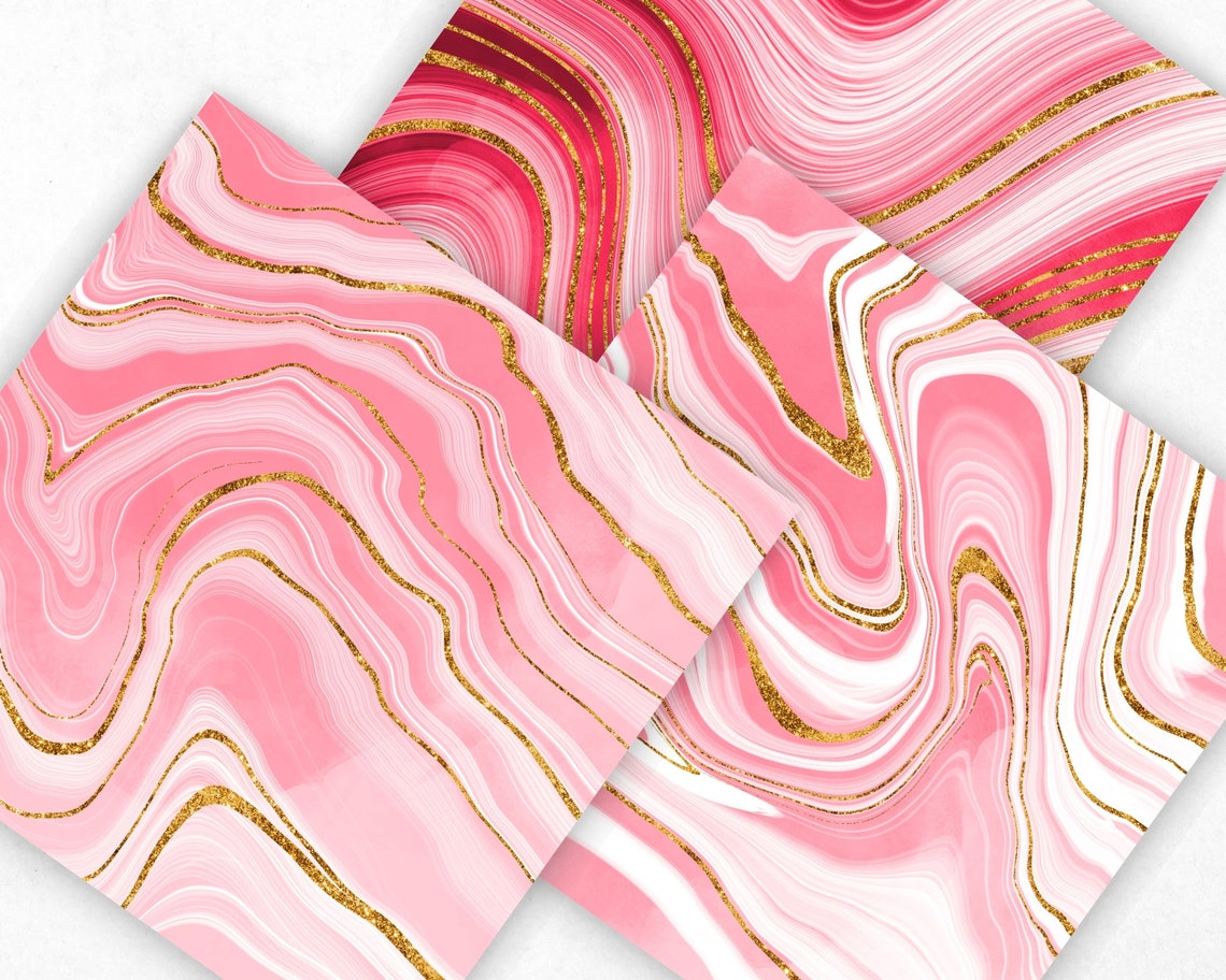 Pink Agate Digital Paper, Gold Glitter and Agate Pattern Background ...