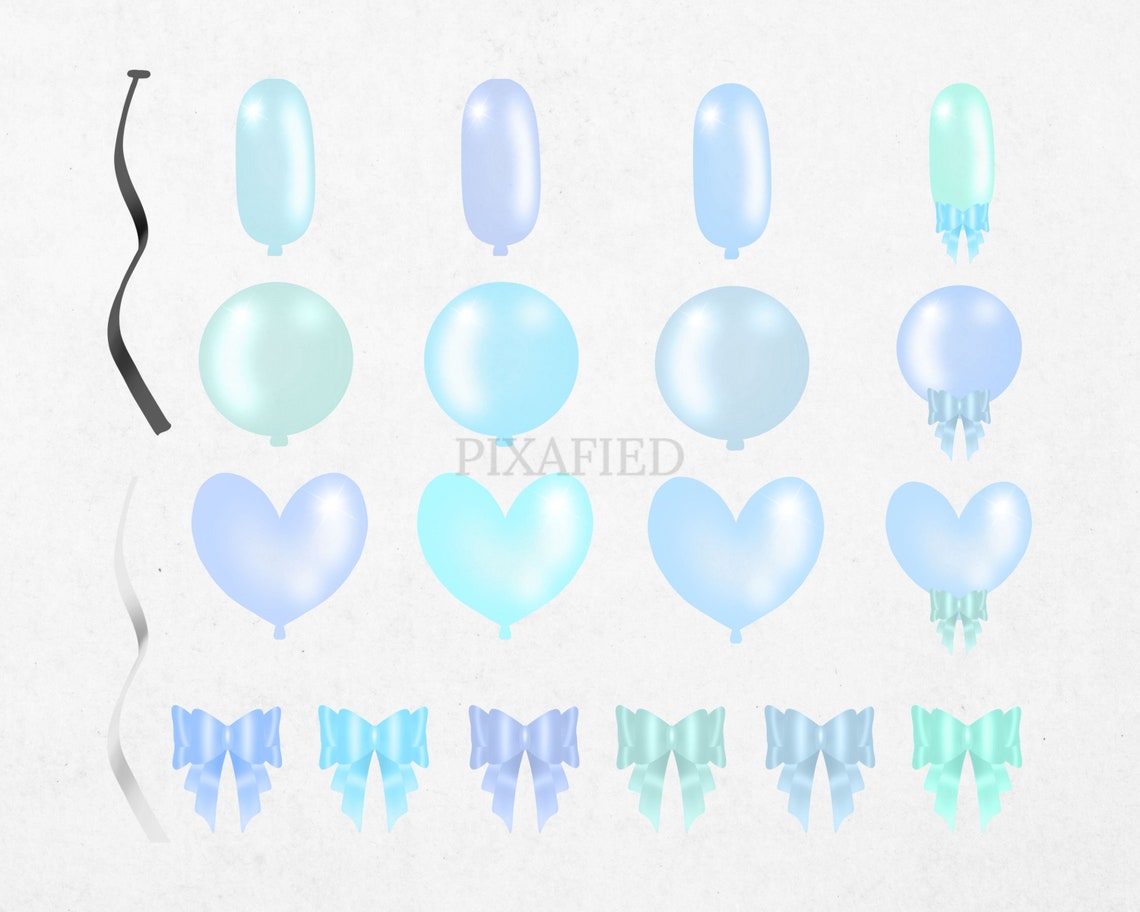Blue Bow Balloon Clipart, Heart Balloon Digital Party Decorations, Bow ...