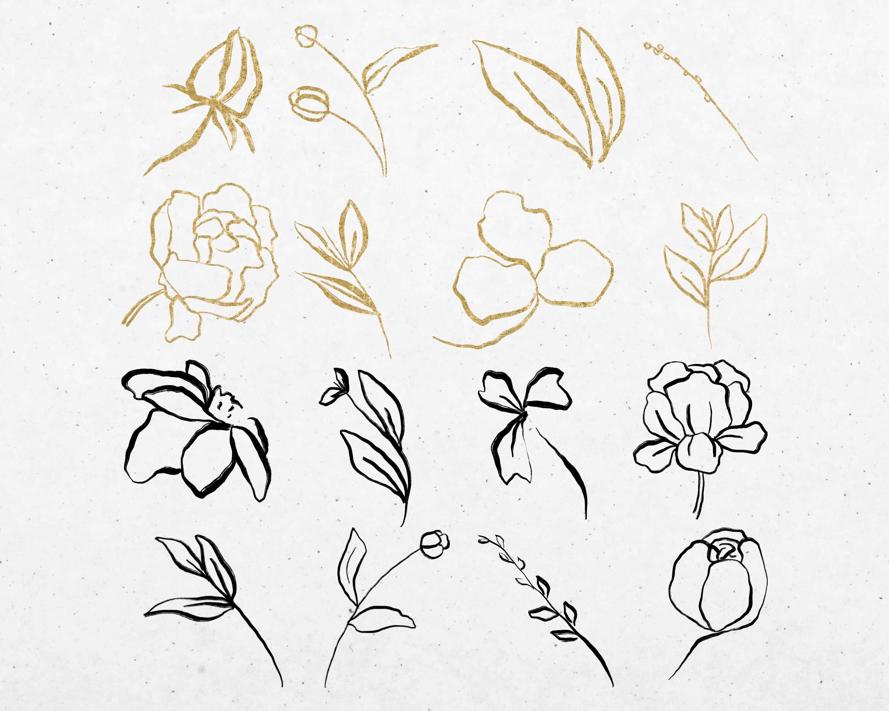 Fine Line Floral Clipart, Gold Glitter Flowers, Black Line Flowers ...
