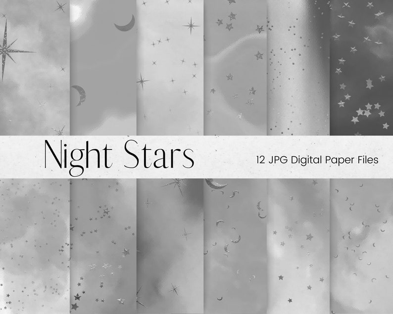 Silver Foil and Stars Digital Paper Pattern, Stars and Moon Scrapbook ...