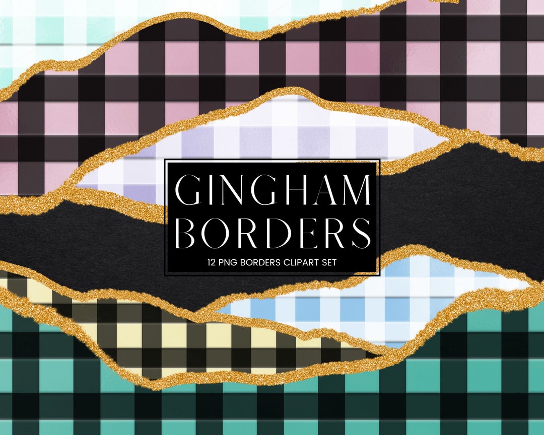 Gingham Border Clipart, Digital Gold Glitter Black White Gingham Border ...