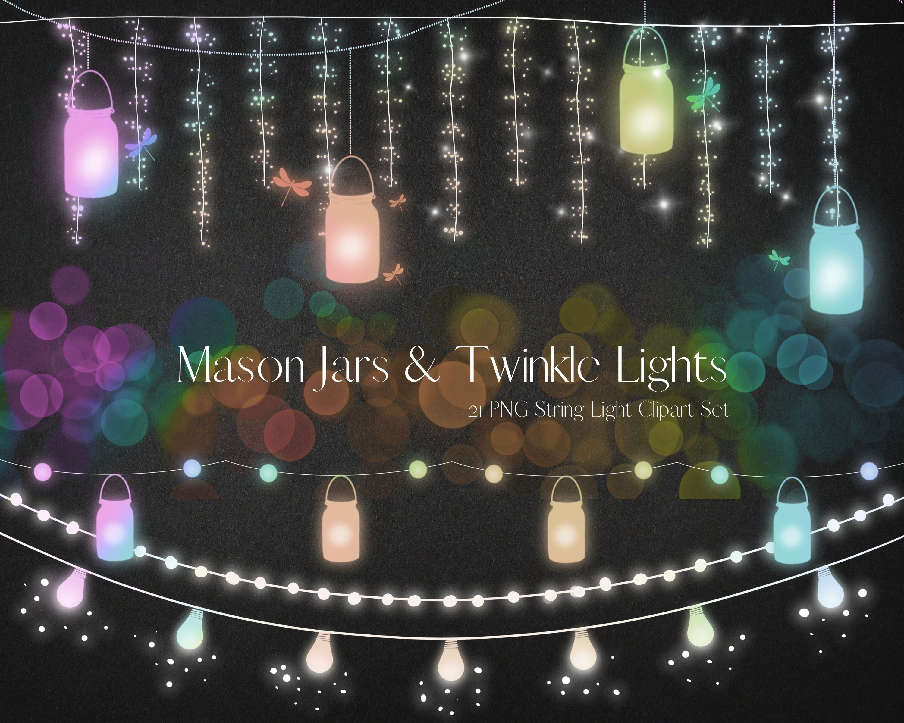 Rainbow Mason Jars String Lights Clipart Glow Fairy Light - Etsy Australia