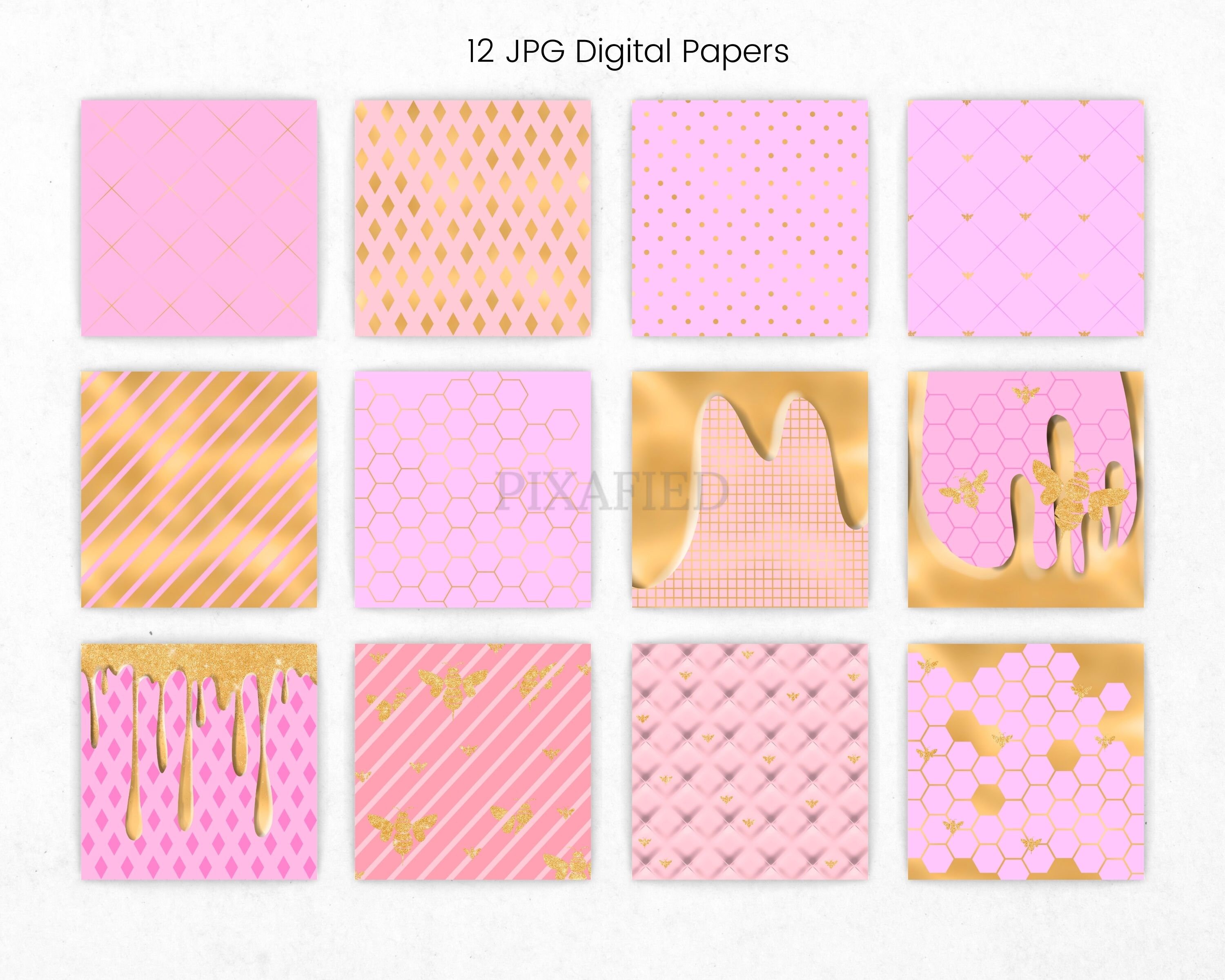 Bee Digital Paper, Pink Bee Printable Digital Scrapbooking, Gold ...