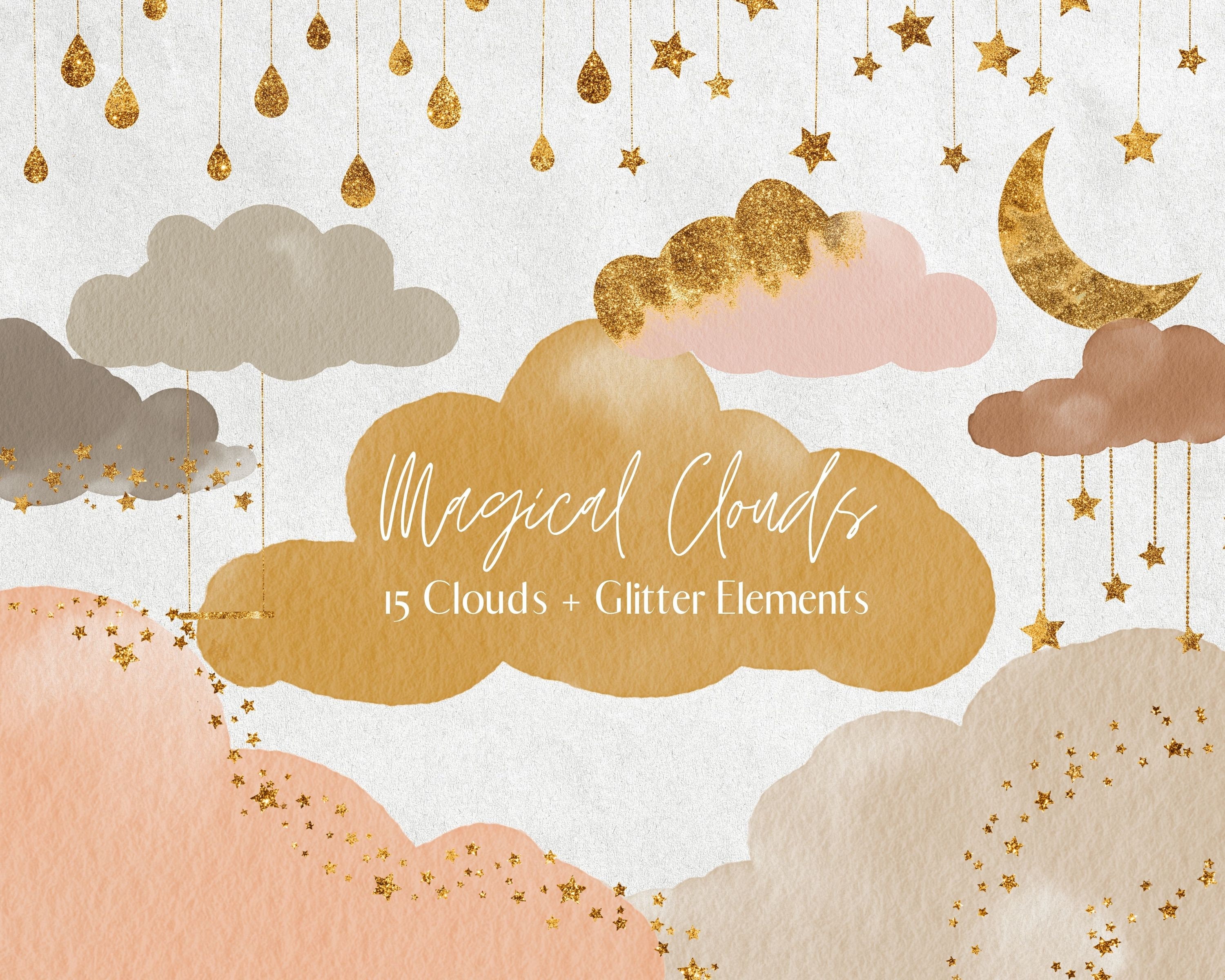 Peach and Beige Watercolour Clouds Clipart Glitter Stars | Etsy Australia