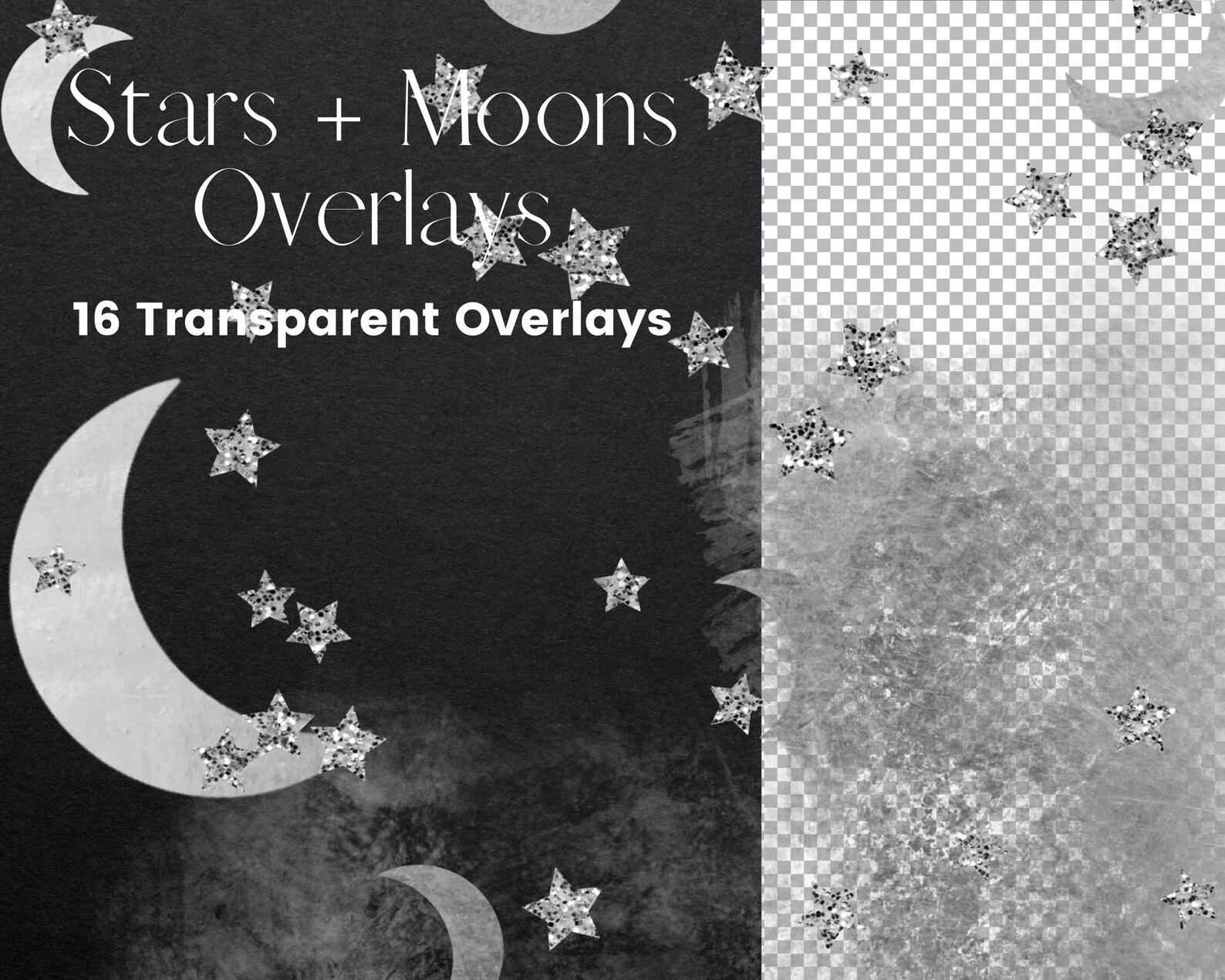 Silver Stars and Moons Overlays, Grey Glitter and Foil Star Clipart ...