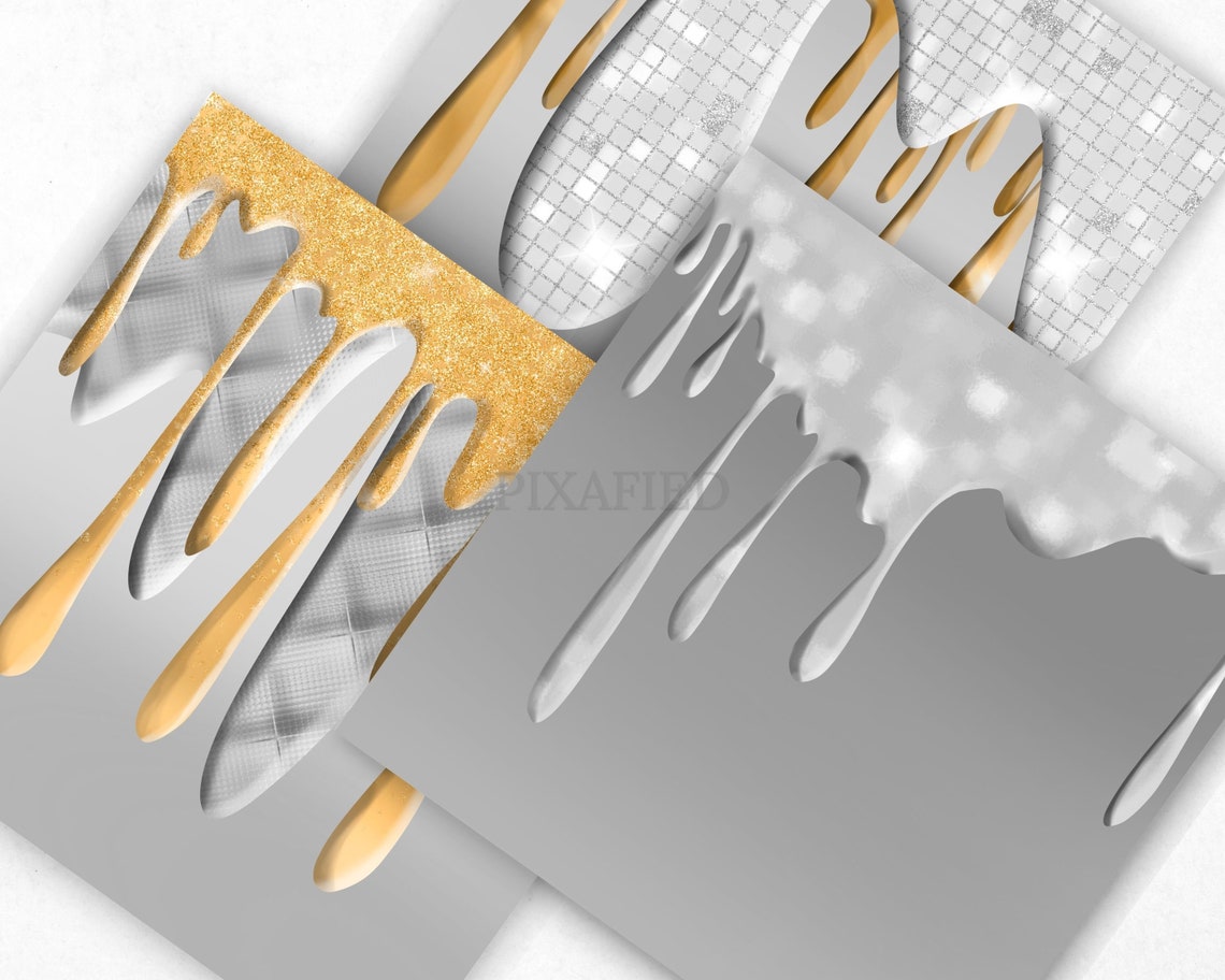 Dripping Glam Borders Digital Paper, Silver, Gold Dripping Glitter ...