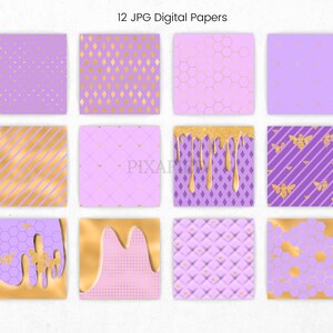 Bee Digital Paper, Purple Bee Printable Digital Scrapbooking, Gold ...