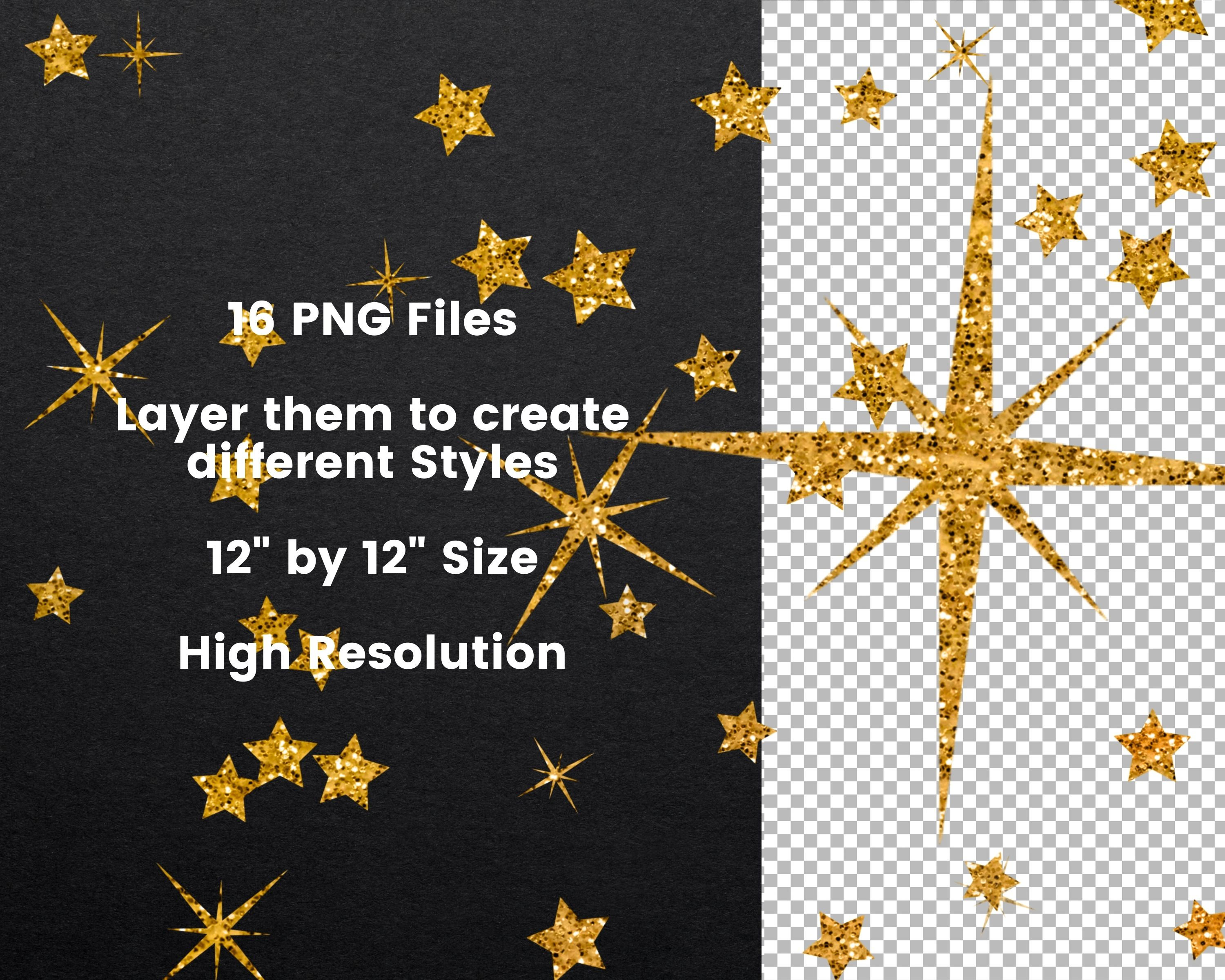 Gold Stars and Moons Overlays, Glitter and Foil Star Clipart, Celestial ...