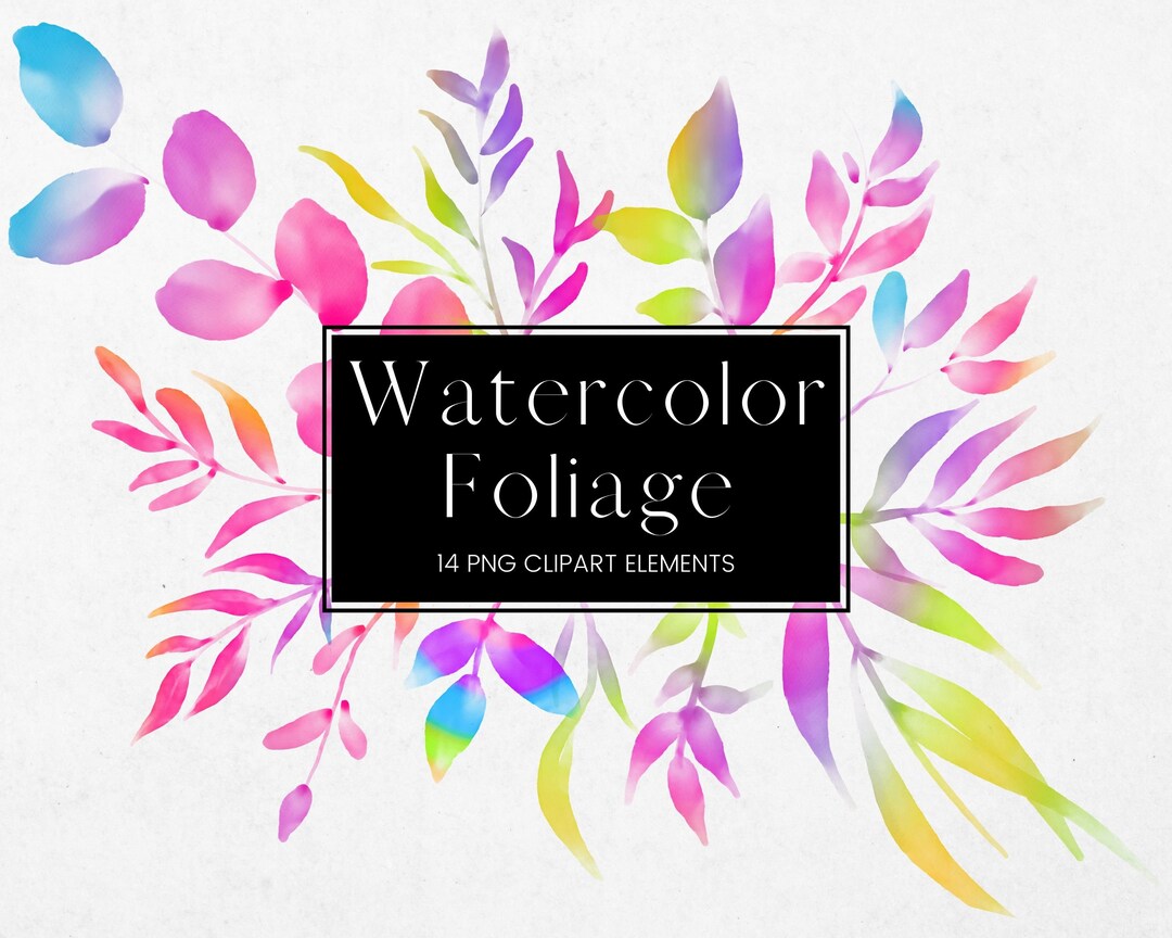 Rainbow Watercolor Foliage Clip Art, Transparent Digital Leaf Clipart ...
