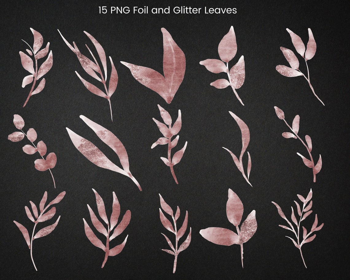 Rose Gold Foil and Glitter Leaves Clipart Eucalyptus Foliage | Etsy