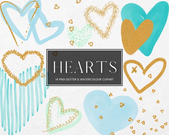 Watercolour and Gold Glitter Heart Clip Art Blue Green Hand - Etsy