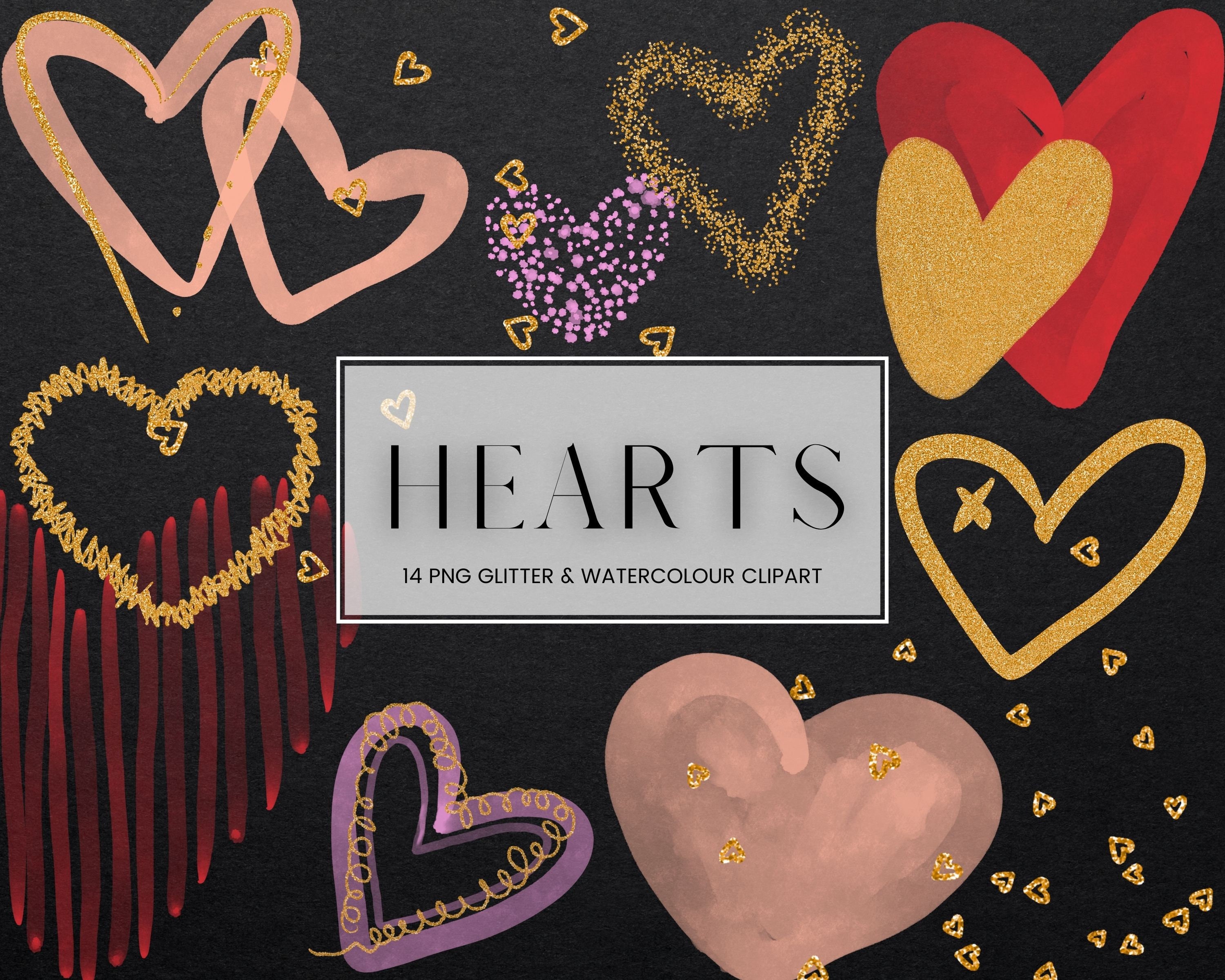 Watercolour and Gold Glitter Heart Clip Art, Pink Hand Drawn Hearts ...