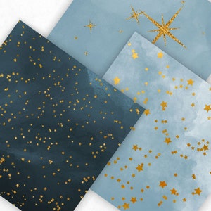 Watercolour and Gold Stars Digital Paper Pattern, Stars and Moon ...
