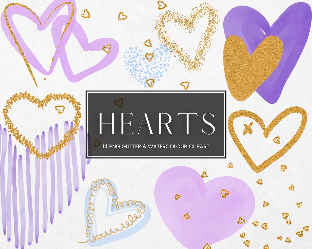 Watercolour and Gold Glitter Heart Clip Art, Purple Hand Drawn Hearts ...
