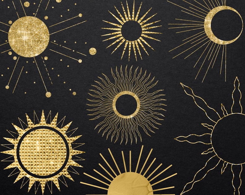 Mystical Gold Sun Clipart, Gold Foil, Glitter and Metal Bohemian Sun ...