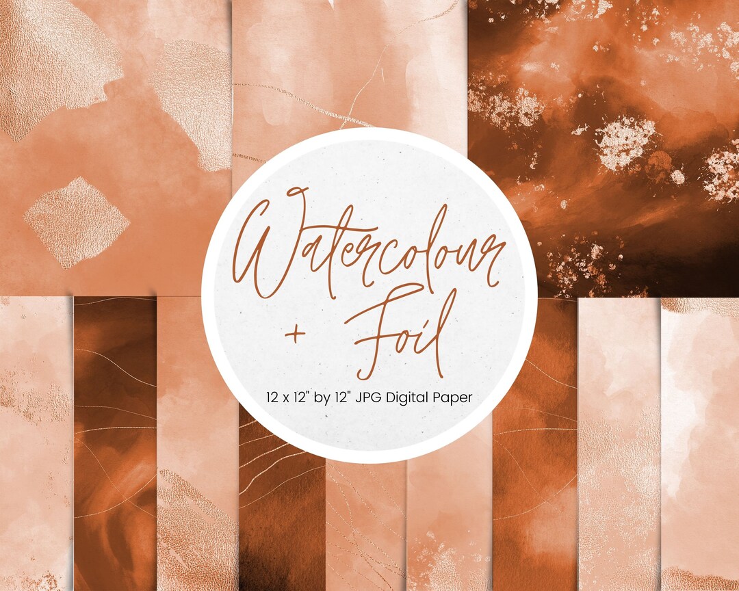 Orange Watercolour Digital Paper, Peach Paint and Foil Paper Pattern ...