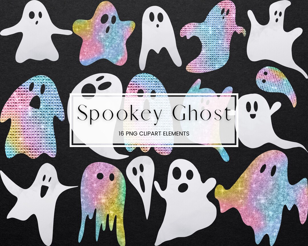 White and Rainbow Spooky Ghost Clipart, Rainbow Glitter Ghost Digital ...