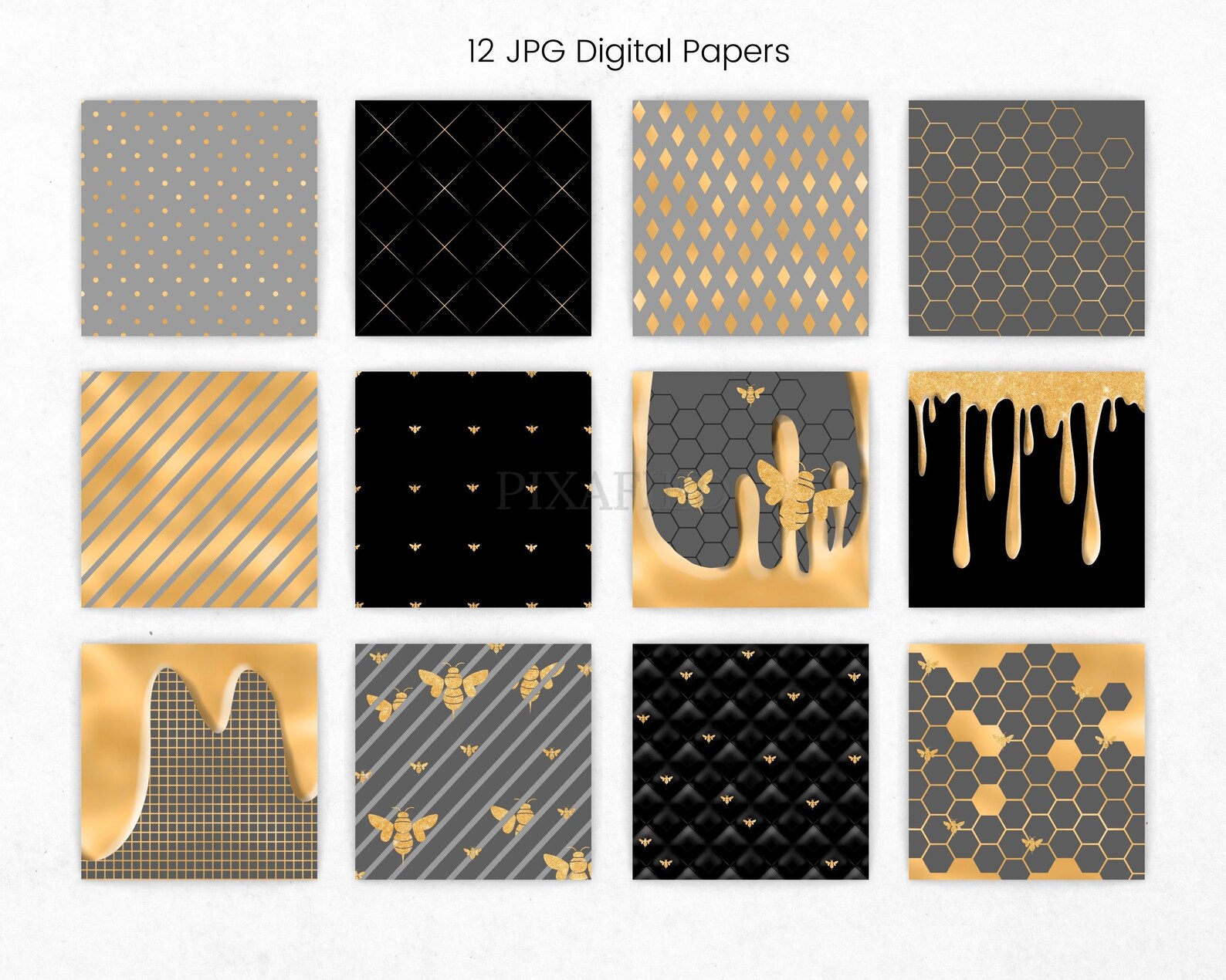Bee Digital Paper, Black Bee Printable Digital Scrapbooking, Gold ...