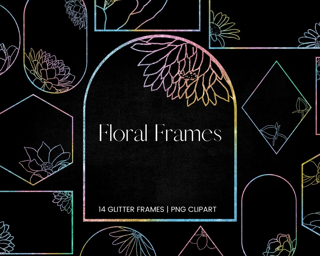 Rainbow Glitter Floral Frames Clipart, Flower Wreath, Square Frames ...