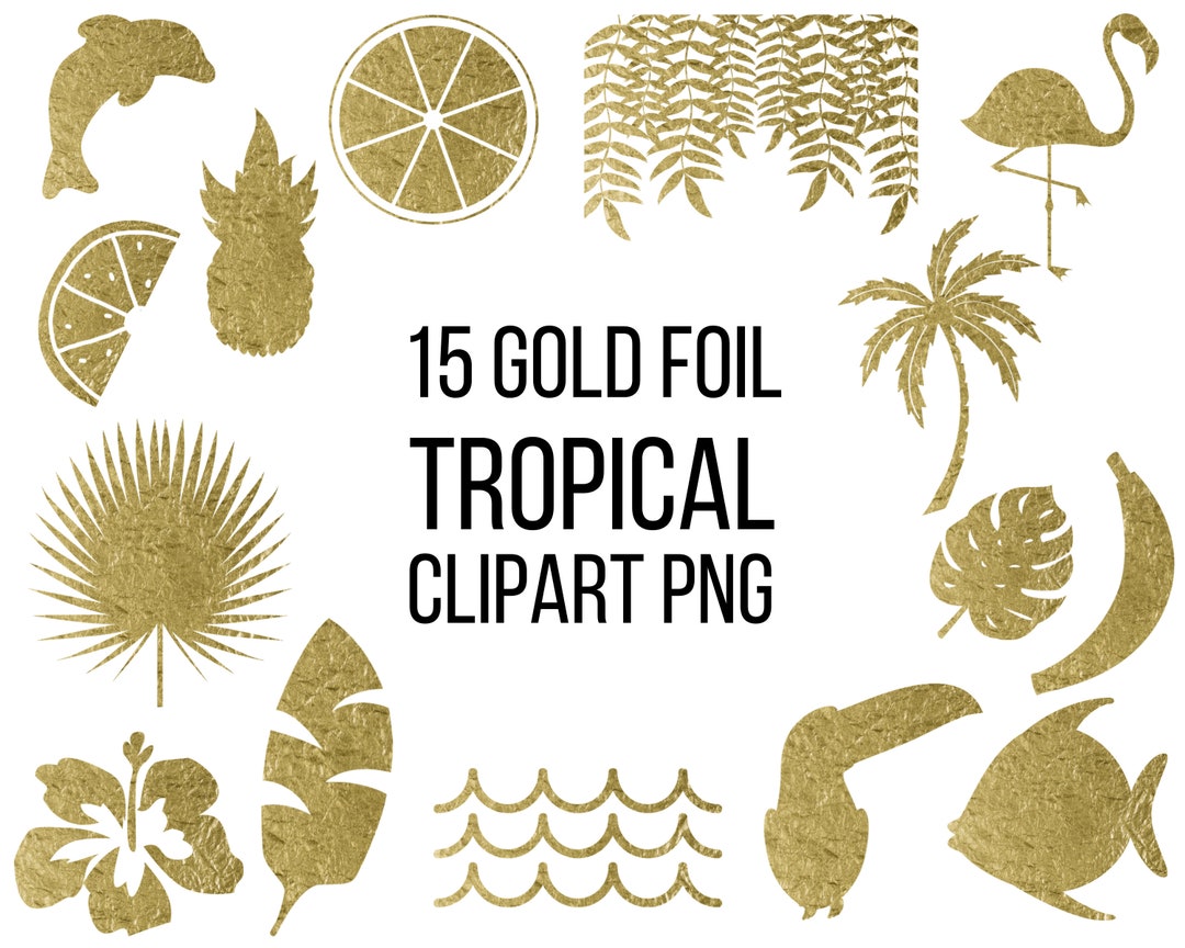 Gold Foil Tropical Digital Clipart Flamingo, Palm Tree Leaves Printable ...