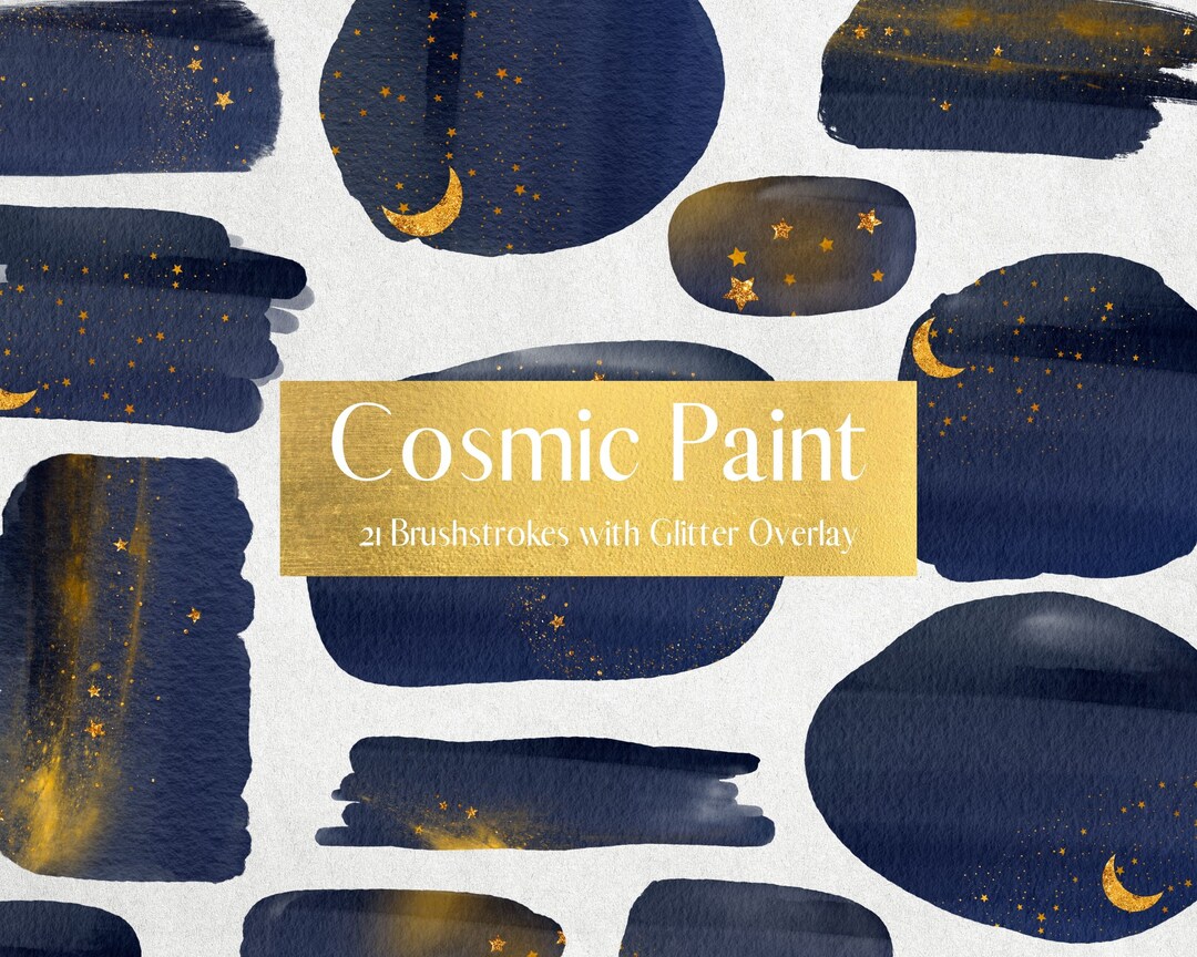 Blue and Gold Galaxy Brushstrokes Clipart, Glitter Stars Moon Overlay ...