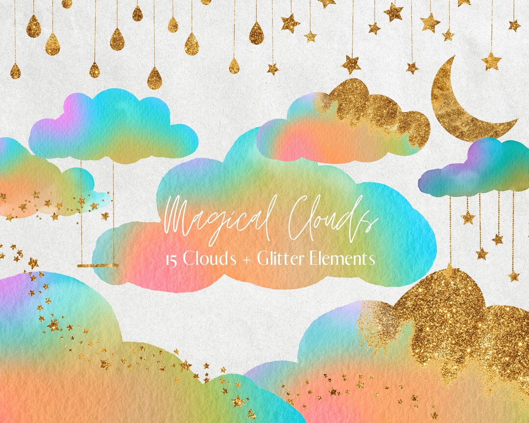 Rainbow Watercolour Clouds Clipart, Glitter Stars, Moon, Fluffy Cloud ...