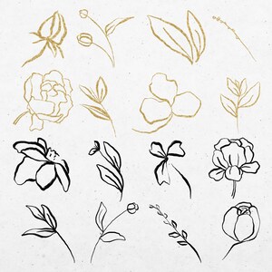 Fine Line Floral Clipart, Gold Glitter Flowers, Black Line Flowers ...