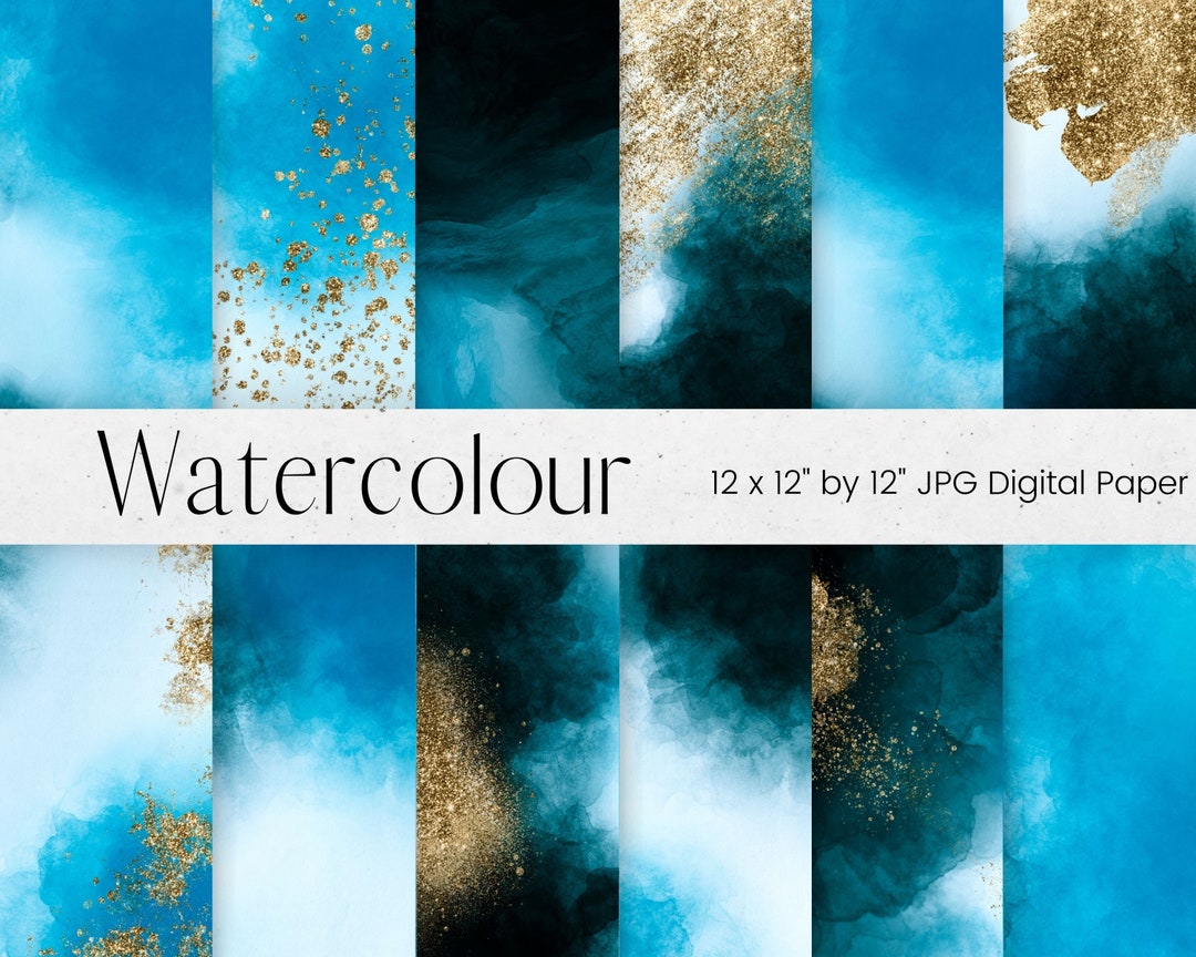 Gold Glitter and Blue Watercolour Pattern Digital Paper, Glitter ...