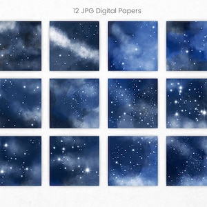 Starry Night Digital Paper, Blue Watercolour Texture, Night Sky Texture ...