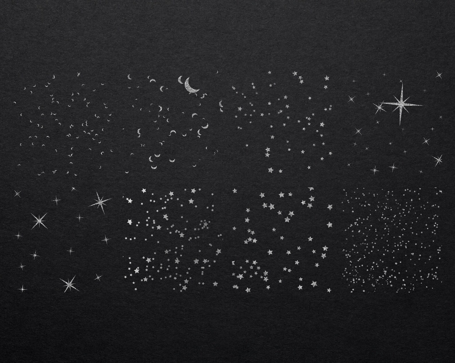 Silver Stars and Moons Overlays, Grey Glitter and Foil Star Clipart ...