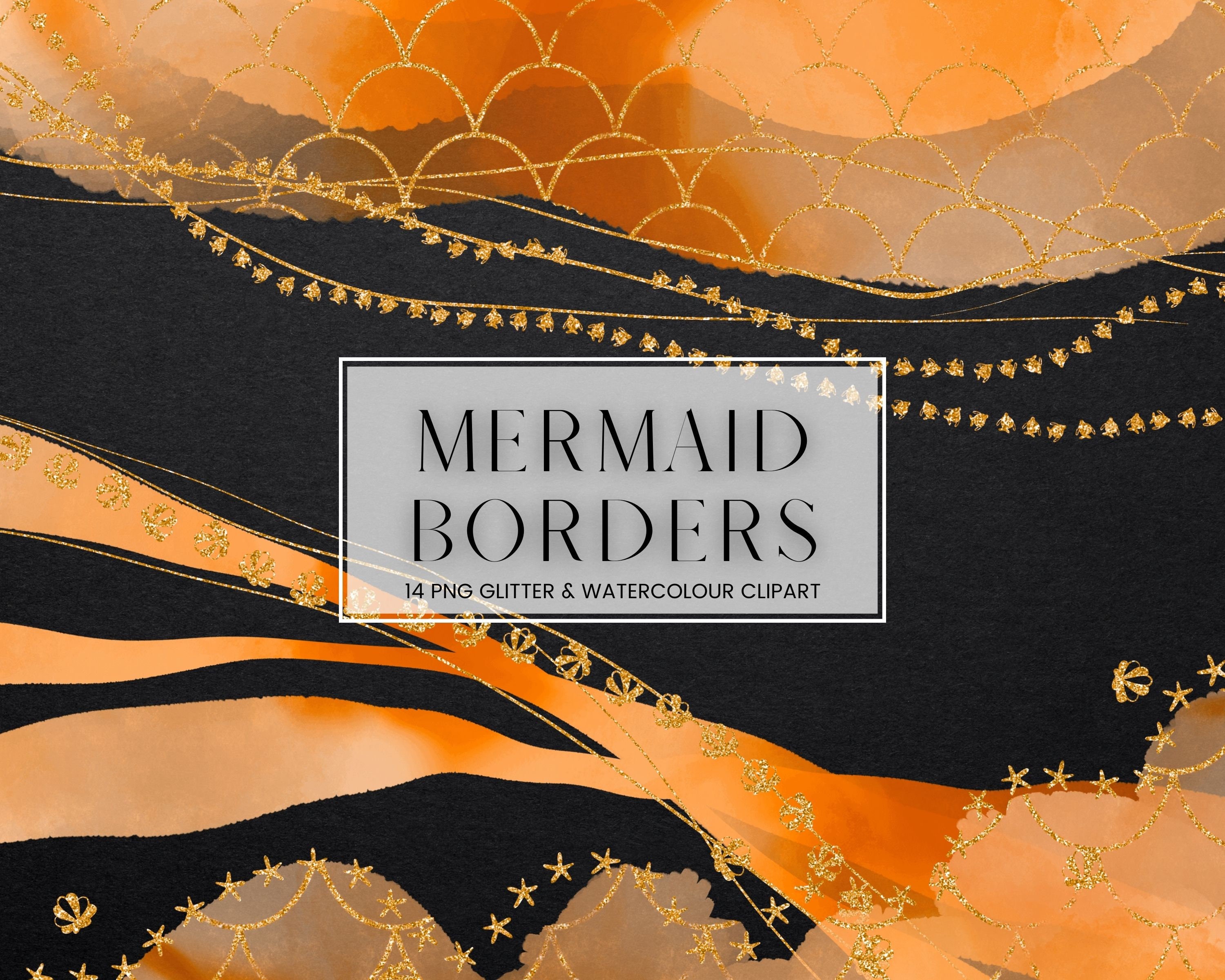 Mermaid Watercolour Border Clipart, Orange Watercolor Gold Glitter ...