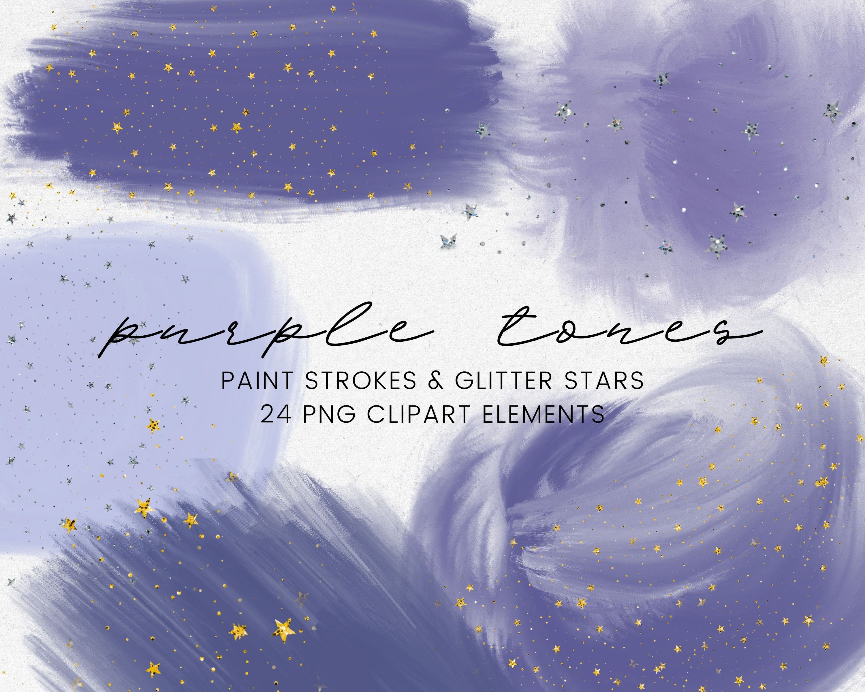 Purple Watercolor Paint Brushstroke Clipart, Gold Glitter Stars, Silver ...