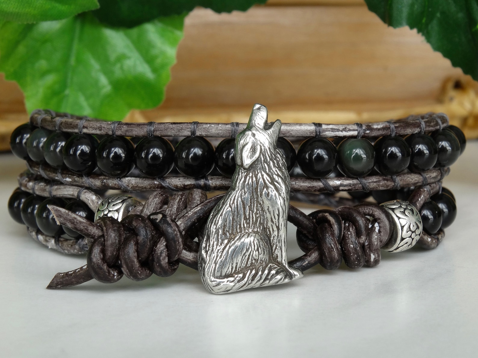 Wolf Leather Bracelet Wolf Jewelry Rainbow Obsidian Leather | Etsy